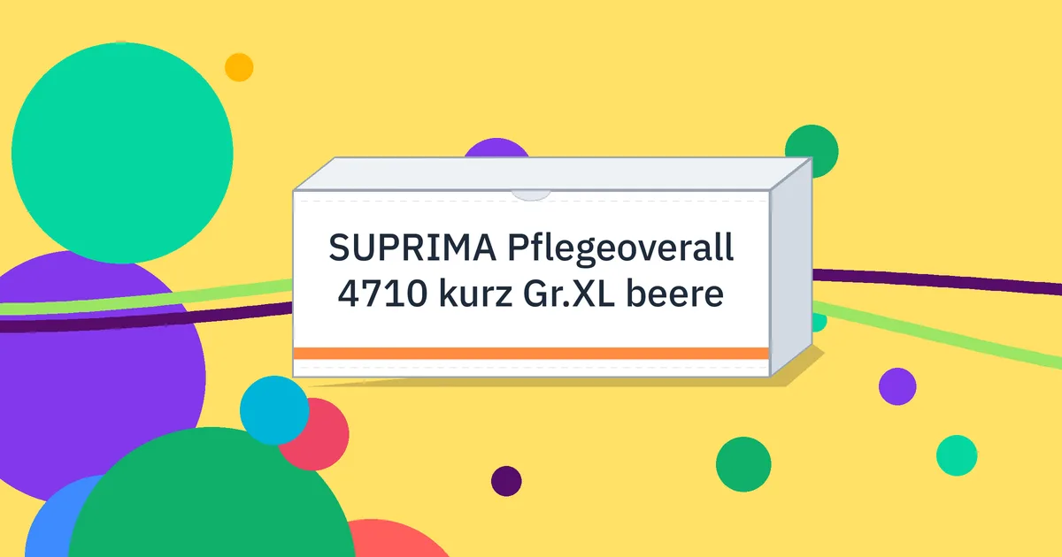 Symbolbild: Packung mit der Aufschrift SUPRIMA Pflegeoverall 4710 kurz Gr.XL beere (PZN 11660432) – Verfügbarkeit und Bezug in Apotheken in Frankfurt am Main