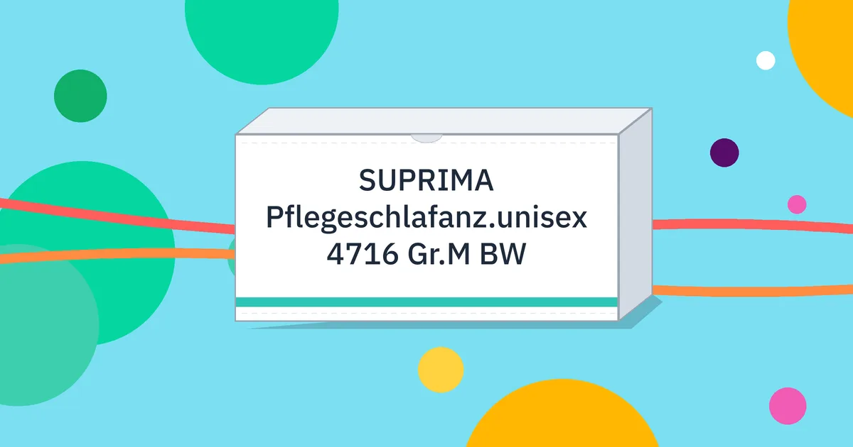 Symbolbild: Packung mit der Aufschrift SUPRIMA Pflegeschlafanz.unisex 4716 Gr.M BW (PZN 16321806) – Verfügbarkeit und Bezug in Apotheken in Frankfurt am Main