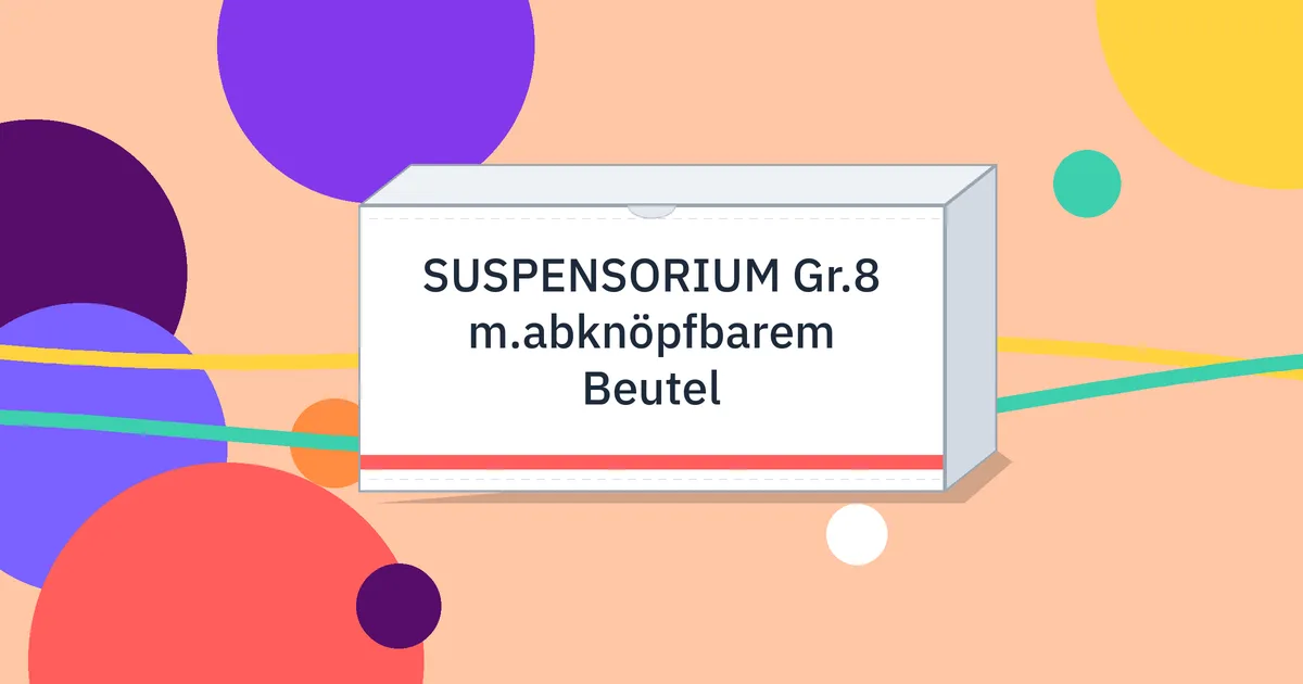 Symbolbild: Packung mit der Aufschrift SUSPENSORIUM Gr.8 m.abknöpfbarem Beutel (PZN 03800787) – Verfügbarkeit und Bezug in Apotheken in Frankfurt am Main