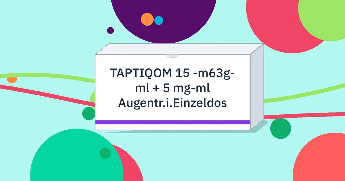 Symbolbild: Packung mit der Aufschrift TAPTIQOM 15 -m63g-ml + 5 mg-ml Augentr.i.Einzeldos (PZN 15483346) – Verfügbarkeit und Bezug in Apotheken in Frankfurt am Main