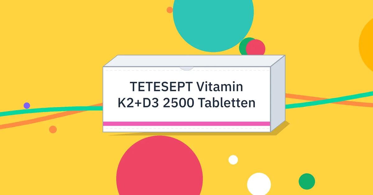 Symbolbild: Packung mit der Aufschrift TETESEPT Vitamin K2+D3 2500 Tabletten (PZN 18153017) – Verfügbarkeit und Bezug in Apotheken in Frankfurt am Main