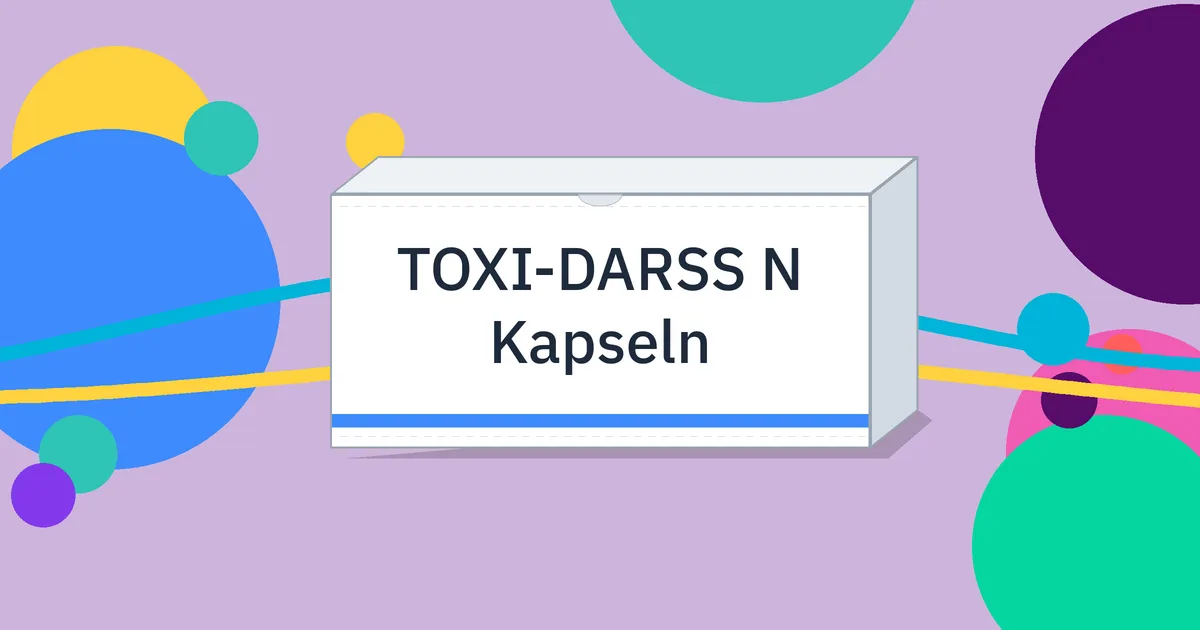 Symbolbild: Packung mit der Aufschrift TOXI-DARSS N Kapseln (PZN 12442648) – Verfügbarkeit und Bezug in Apotheken in Frankfurt am Main