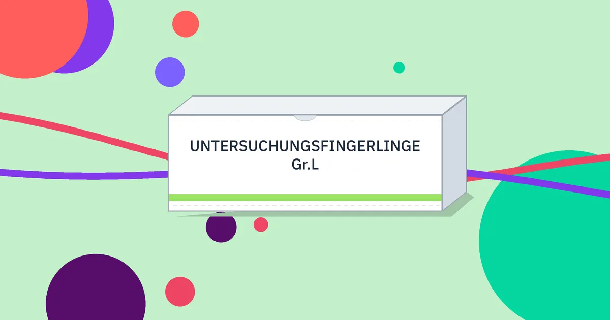 Symbolbild: Packung mit der Aufschrift UNTERSUCHUNGSFINGERLINGE Gr.L (PZN 18397759) – Verfügbarkeit und Bezug in Apotheken in Frankfurt am Main