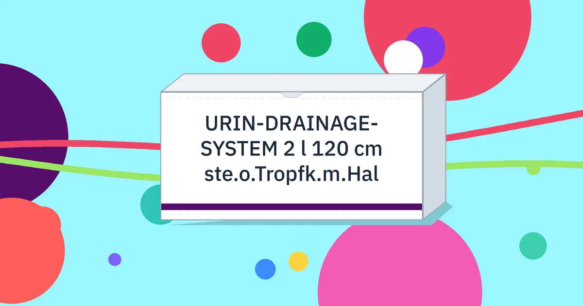 Symbolbild: Packung mit der Aufschrift URIN-DRAINAGE-SYSTEM 2 l 120 cm ste.o.Tropfk.m.Hal (PZN 14372662) – Verfügbarkeit und Bezug in Apotheken in Frankfurt am Main