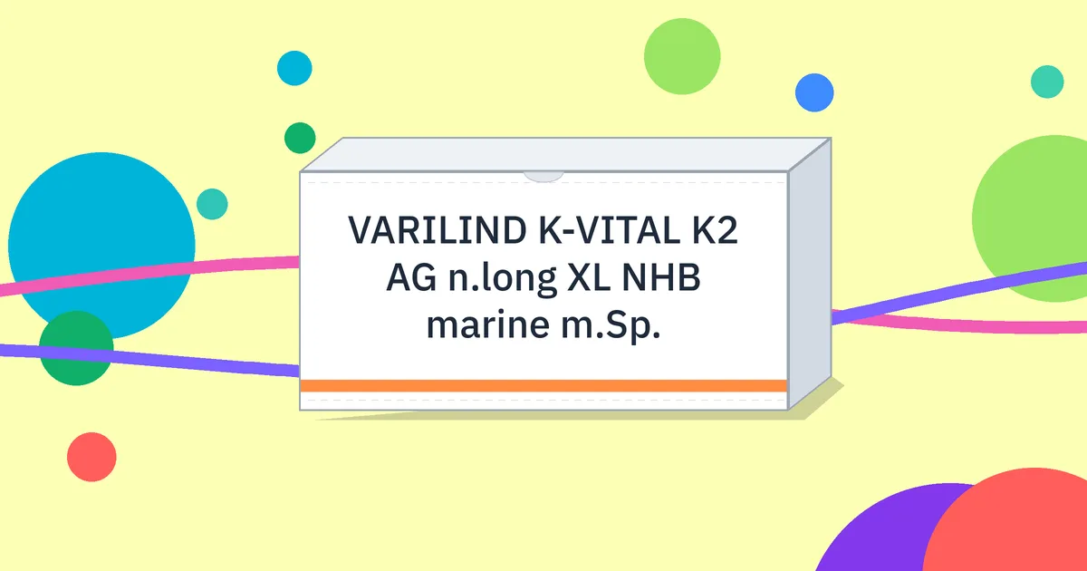 Symbolbild: Packung mit der Aufschrift VARILIND K-VITAL K2 AG n.long XL NHB marine m.Sp. (PZN 20564696) – Verfügbarkeit und Bezug in Apotheken in Frankfurt am Main
