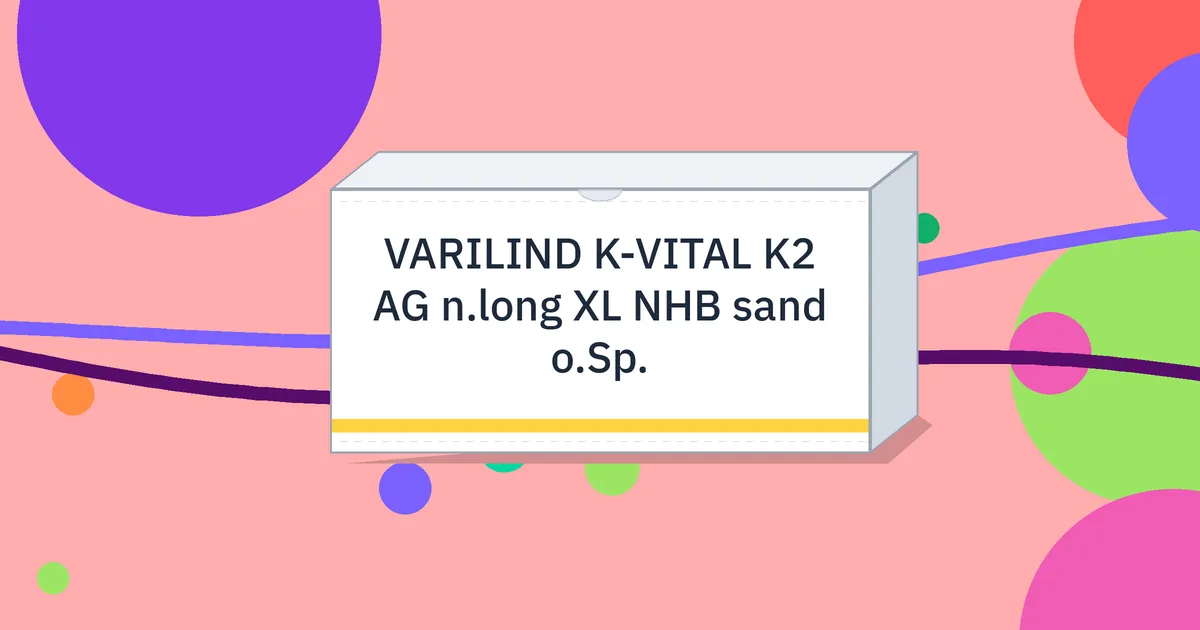Symbolbild: Packung mit der Aufschrift VARILIND K-VITAL K2 AG n.long XL NHB sand o.Sp. (PZN 20564495) – Verfügbarkeit und Bezug in Apotheken in Frankfurt am Main