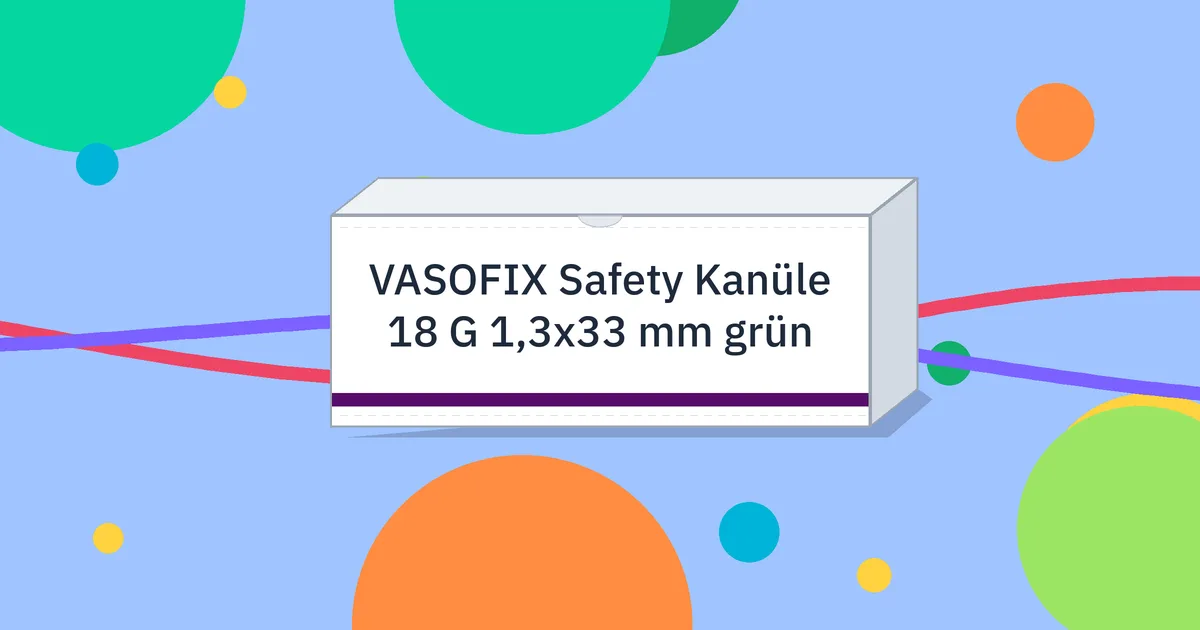 Symbolbild: Packung mit der Aufschrift VASOFIX Safety Kanüle 18 G 1,3x33 mm grün (PZN 01106025) – Verfügbarkeit und Bezug in Apotheken in Frankfurt am Main
