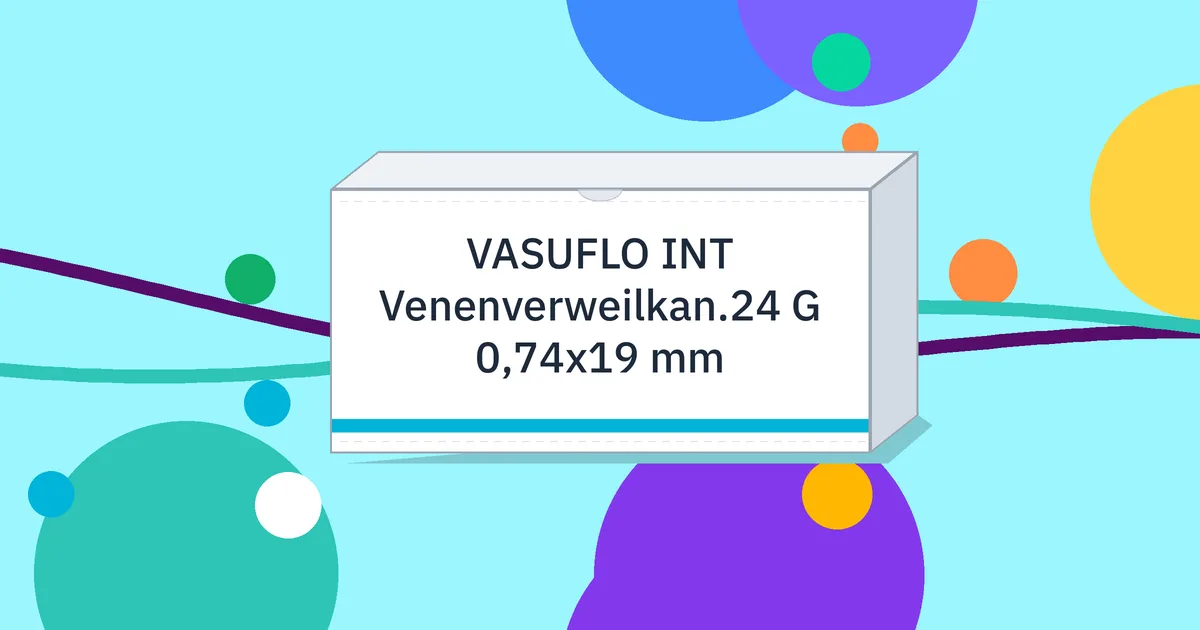 Symbolbild: Packung mit der Aufschrift VASUFLO INT Venenverweilkan.24 G 0,74x19 mm (PZN 03179117) – Verfügbarkeit und Bezug in Apotheken in Frankfurt am Main