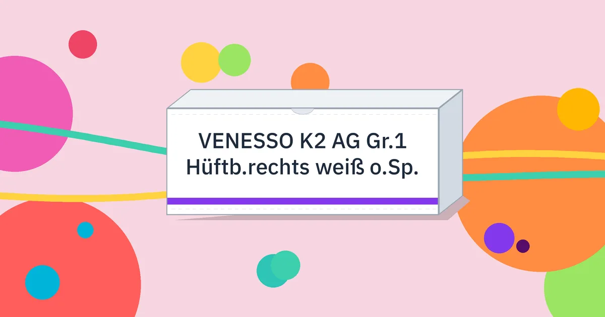 Symbolbild: Packung mit der Aufschrift VENESSO K2 AG Gr.1 Hüftb.rechts weiß o.Sp. (PZN 03271662) – Verfügbarkeit und Bezug in Apotheken in Frankfurt am Main