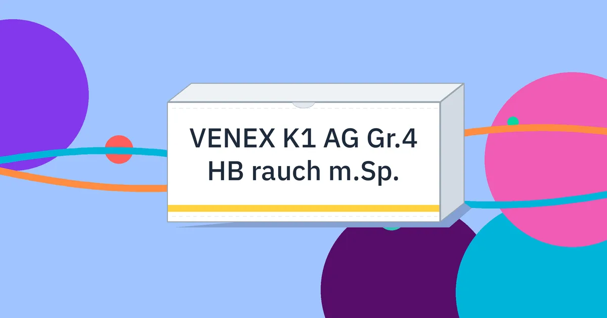 Symbolbild: Packung mit der Aufschrift VENEX K1 AG Gr.4 HB rauch m.Sp. (PZN 03190432) – Verfügbarkeit und Bezug in Apotheken in Frankfurt am Main