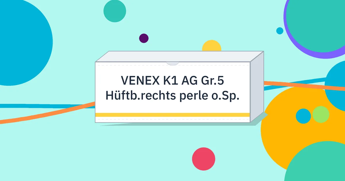 Symbolbild: Packung mit der Aufschrift VENEX K1 AG Gr.5 Hüftb.rechts perle o.Sp. (PZN 03207440) – Verfügbarkeit und Bezug in Apotheken in Frankfurt am Main