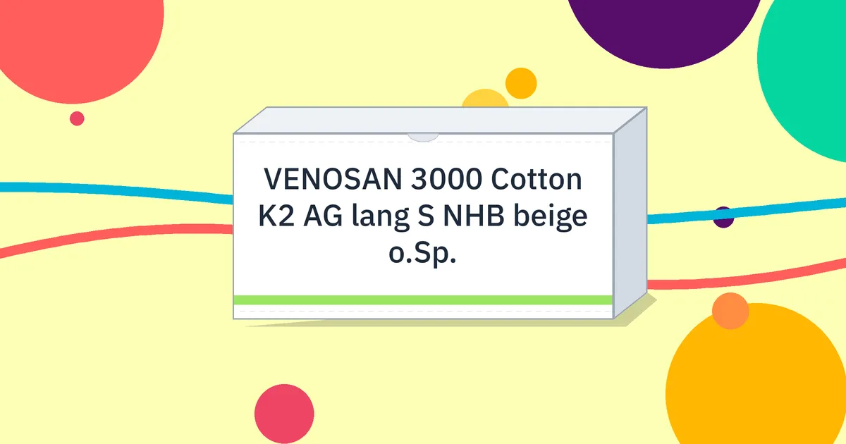 Symbolbild: Packung mit der Aufschrift VENOSAN 3000 Cotton K2 AG lang S NHB beige o.Sp. (PZN 14421515) – Verfügbarkeit und Bezug in Apotheken in Frankfurt am Main