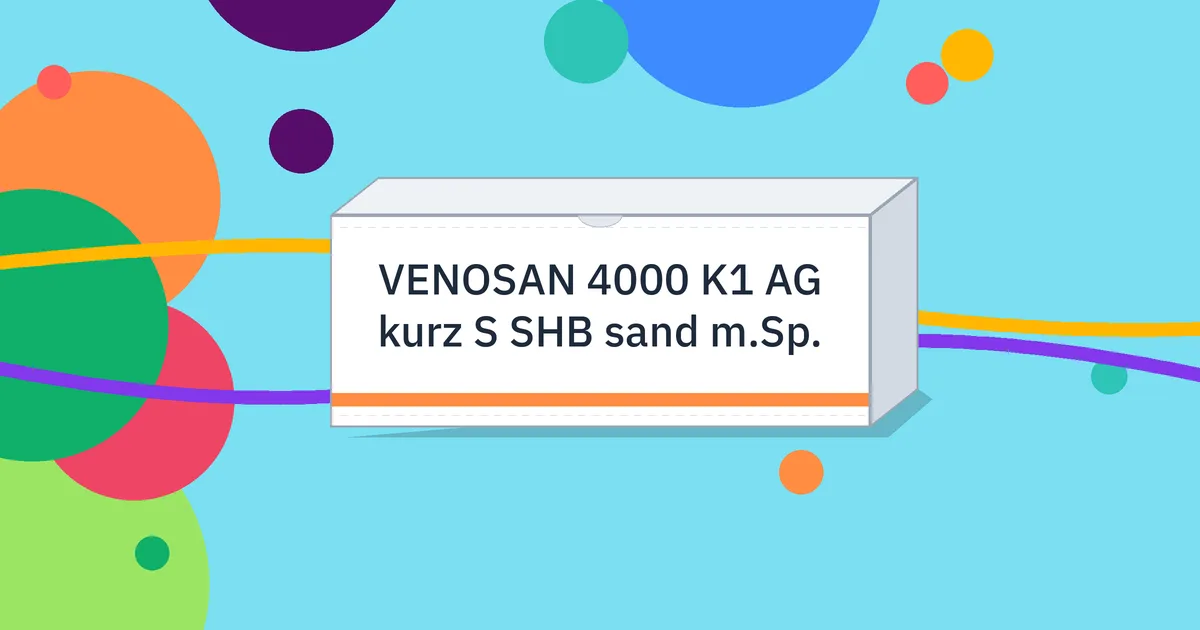 Symbolbild: Packung mit der Aufschrift VENOSAN 4000 K1 AG kurz S SHB sand m.Sp. (PZN 14422153) – Verfügbarkeit und Bezug in Apotheken in Frankfurt am Main