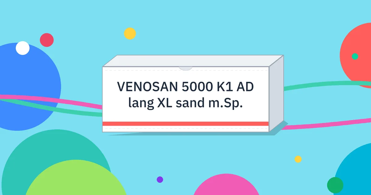 Symbolbild: Packung mit der Aufschrift VENOSAN 5000 K1 AD lang XL sand m.Sp. (PZN 14428078) – Verfügbarkeit und Bezug in Apotheken in Frankfurt am Main
