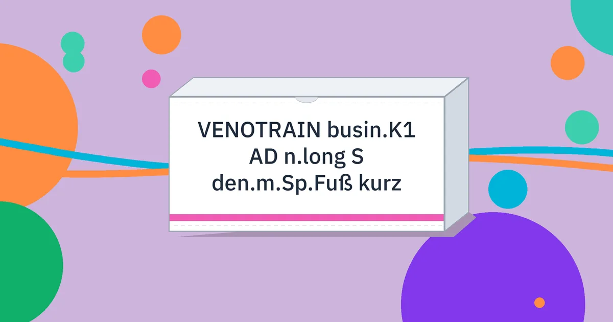 Symbolbild: Packung mit der Aufschrift VENOTRAIN busin.K1 AD n.long S den.m.Sp.Fuß kurz (PZN 19057379) – Verfügbarkeit und Bezug in Apotheken in Frankfurt am Main