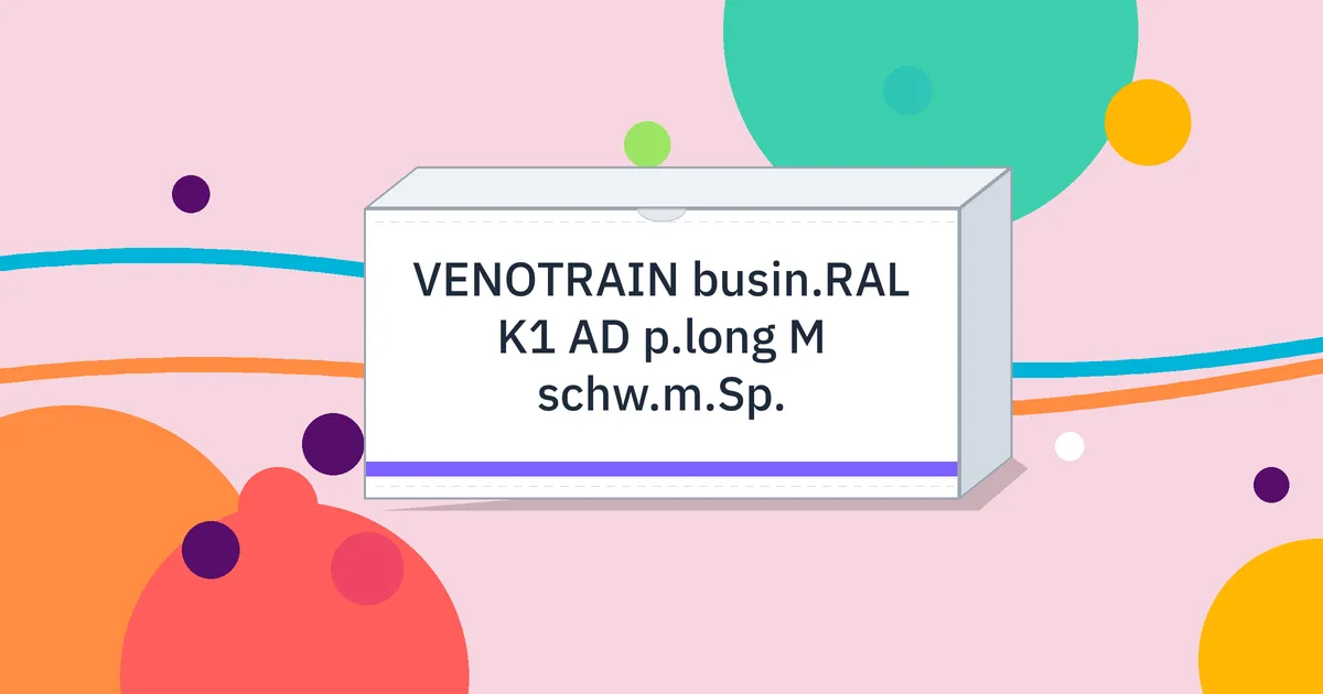 Symbolbild: Packung mit der Aufschrift VENOTRAIN busin.RAL K1 AD p.long M schw.m.Sp. (PZN 06948734) – Verfügbarkeit und Bezug in Apotheken in Frankfurt am Main