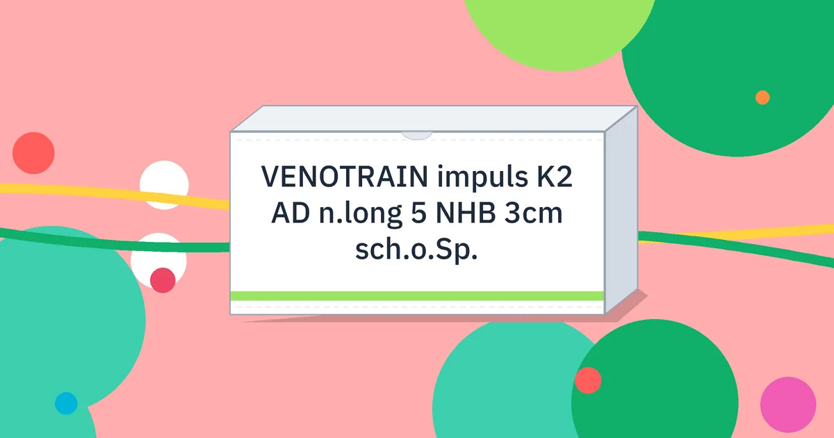 Symbolbild: Packung mit der Aufschrift VENOTRAIN impuls K2 AD n.long 5 NHB 3cm sch.o.Sp. (PZN 00653073) – Verfügbarkeit und Bezug in Apotheken in Frankfurt am Main