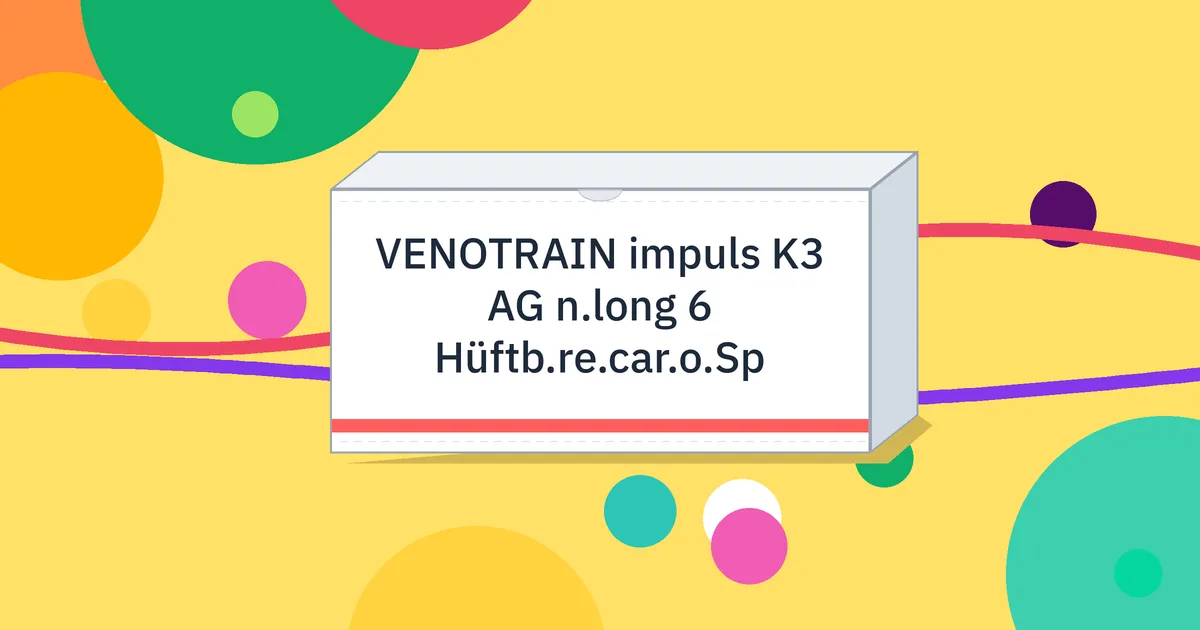 Symbolbild: Packung mit der Aufschrift VENOTRAIN impuls K3 AG n.long 6 Hüftb.re.car.o.Sp (PZN 08422887) – Verfügbarkeit und Bezug in Apotheken in Frankfurt am Main