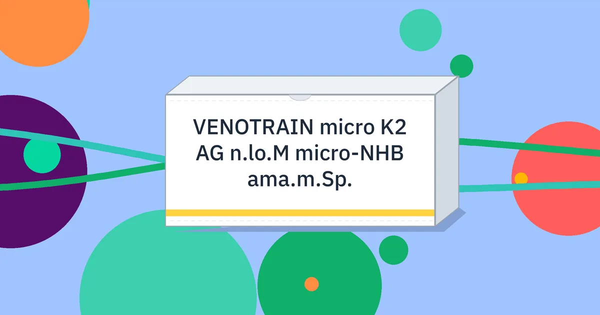 Symbolbild: Packung mit der Aufschrift VENOTRAIN micro K2 AG n.lo.M micro-NHB ama.m.Sp. (PZN 16065728) – Verfügbarkeit und Bezug in Apotheken in Frankfurt am Main