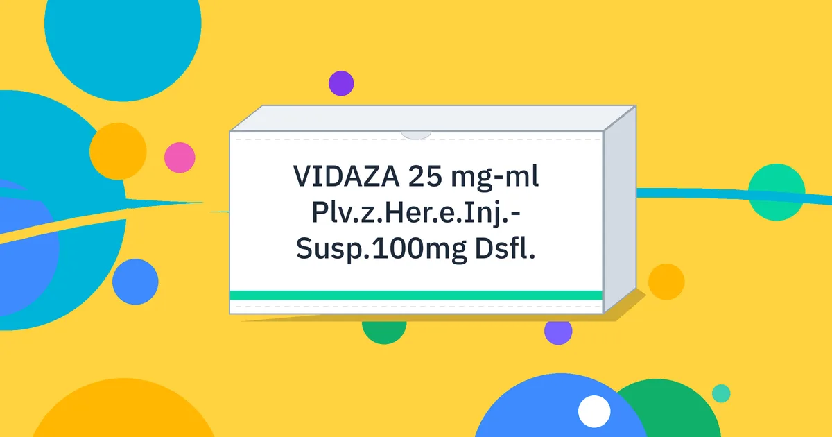 Symbolbild: Packung mit der Aufschrift VIDAZA 25 mg-ml Plv.z.Her.e.Inj.-Susp.100mg Dsfl. (PZN 18449692) – Verfügbarkeit und Bezug in Apotheken in Frankfurt am Main