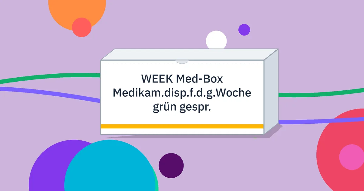 Symbolbild: Packung mit der Aufschrift WEEK Med-Box Medikam.disp.f.d.g.Woche grün gespr. (PZN 00222189) – Verfügbarkeit und Bezug in Apotheken in Frankfurt am Main
