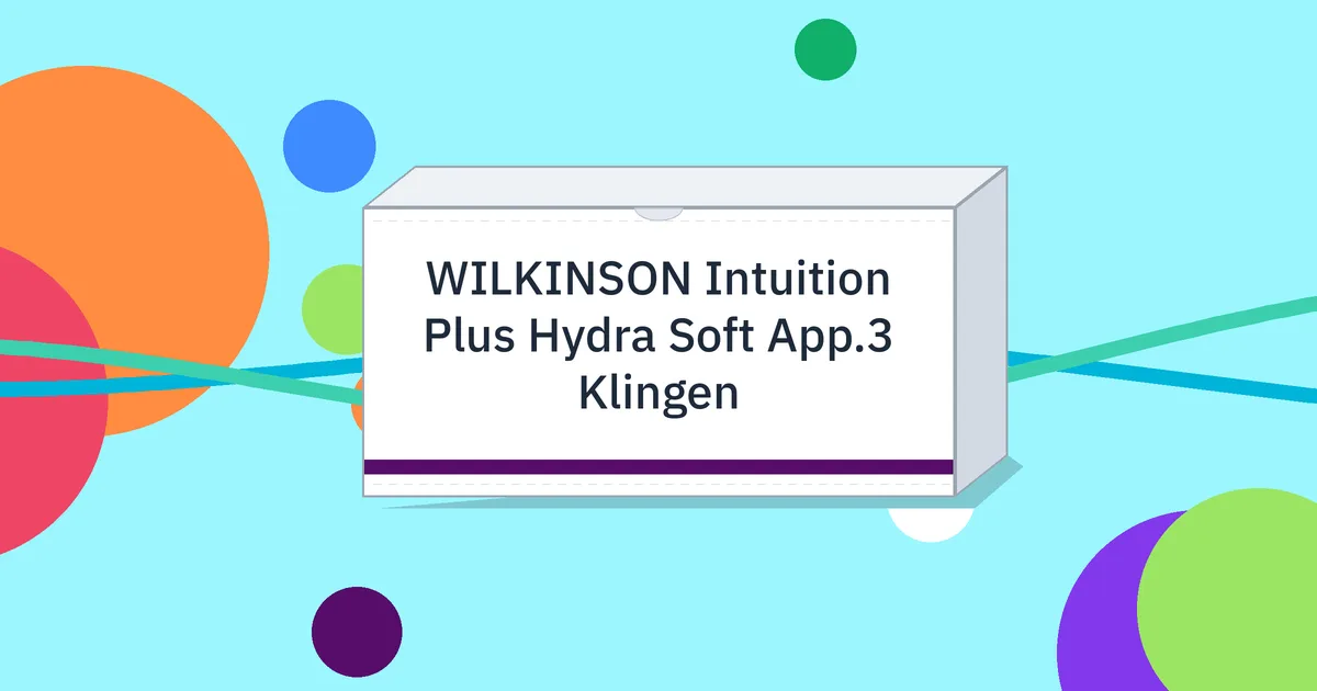 Symbolbild: Packung mit der Aufschrift WILKINSON Intuition Plus Hydra Soft App.3 Klingen (PZN 02336879) – Verfügbarkeit und Bezug in Apotheken in Frankfurt am Main