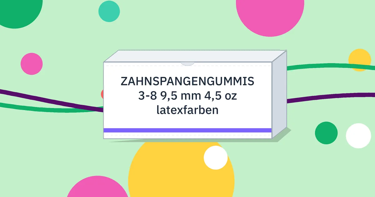 Symbolbild: Packung mit der Aufschrift ZAHNSPANGENGUMMIS 3-8 9,5 mm 4,5 oz latexfarben (PZN 19857795) – Verfügbarkeit und Bezug in Apotheken in Frankfurt am Main