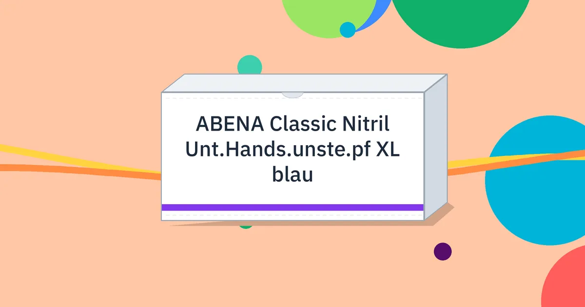 Symbolbild: Packung mit der Aufschrift ABENA Classic Nitril Unt.Hands.unste.pf XL blau (PZN 16757780) – Verfügbarkeit und Bezug in Apotheken in Frankfurt am Main