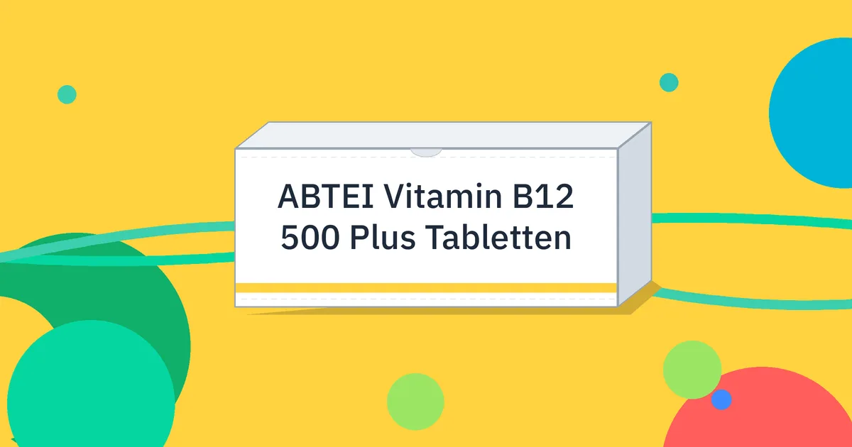 Symbolbild: Packung mit der Aufschrift ABTEI Vitamin B12 500 Plus Tabletten (PZN 18406990) – Verfügbarkeit und Bezug in Apotheken in Frankfurt am Main