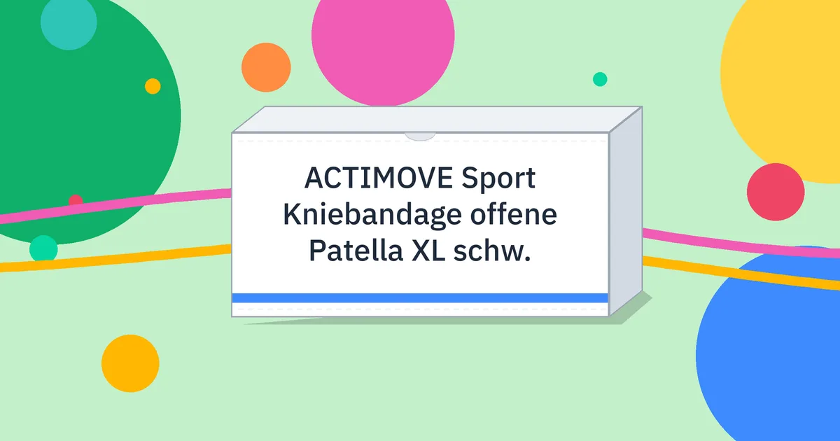 Symbolbild: Packung mit der Aufschrift ACTIMOVE Sport Kniebandage offene Patella XL schw. (PZN 18328379) – Verfügbarkeit und Bezug in Apotheken in Frankfurt am Main