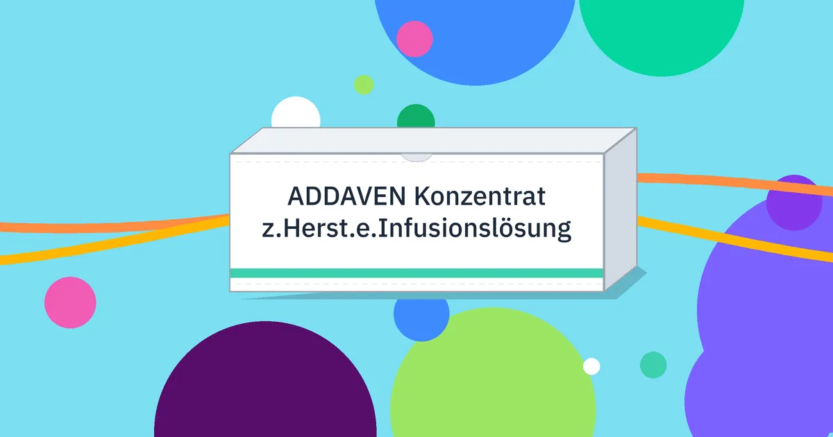 Symbolbild: Packung mit der Aufschrift ADDAVEN Konzentrat z.Herst.e.Infusionslösung (PZN 15621400) – Verfügbarkeit und Bezug in Apotheken in Frankfurt am Main