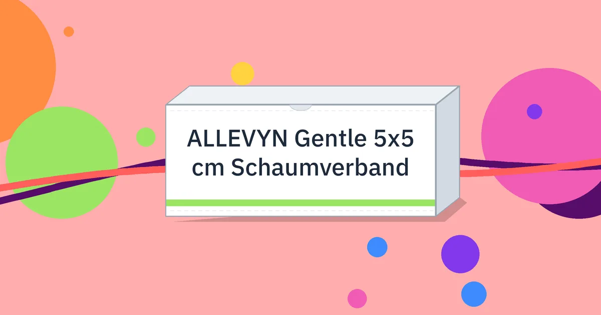 Symbolbild: Packung mit der Aufschrift ALLEVYN Gentle 5x5 cm Schaumverband (PZN 14358716) – Verfügbarkeit und Bezug in Apotheken in Frankfurt am Main