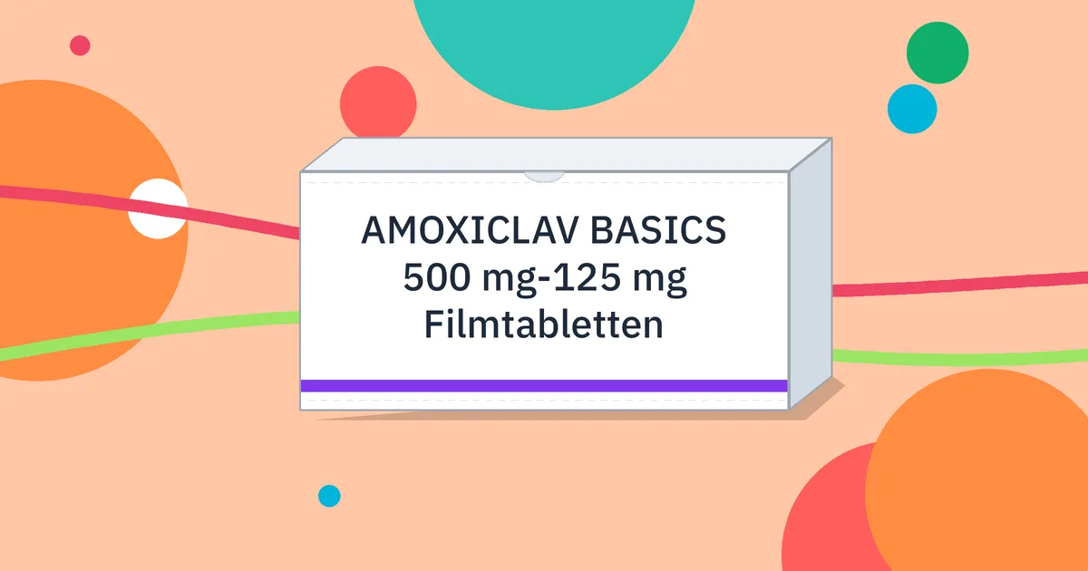 Symbolbild: Packung mit der Aufschrift AMOXICLAV BASICS 500 mg-125 mg Filmtabletten (PZN 05458100) – Verfügbarkeit und Bezug in Apotheken in Frankfurt am Main