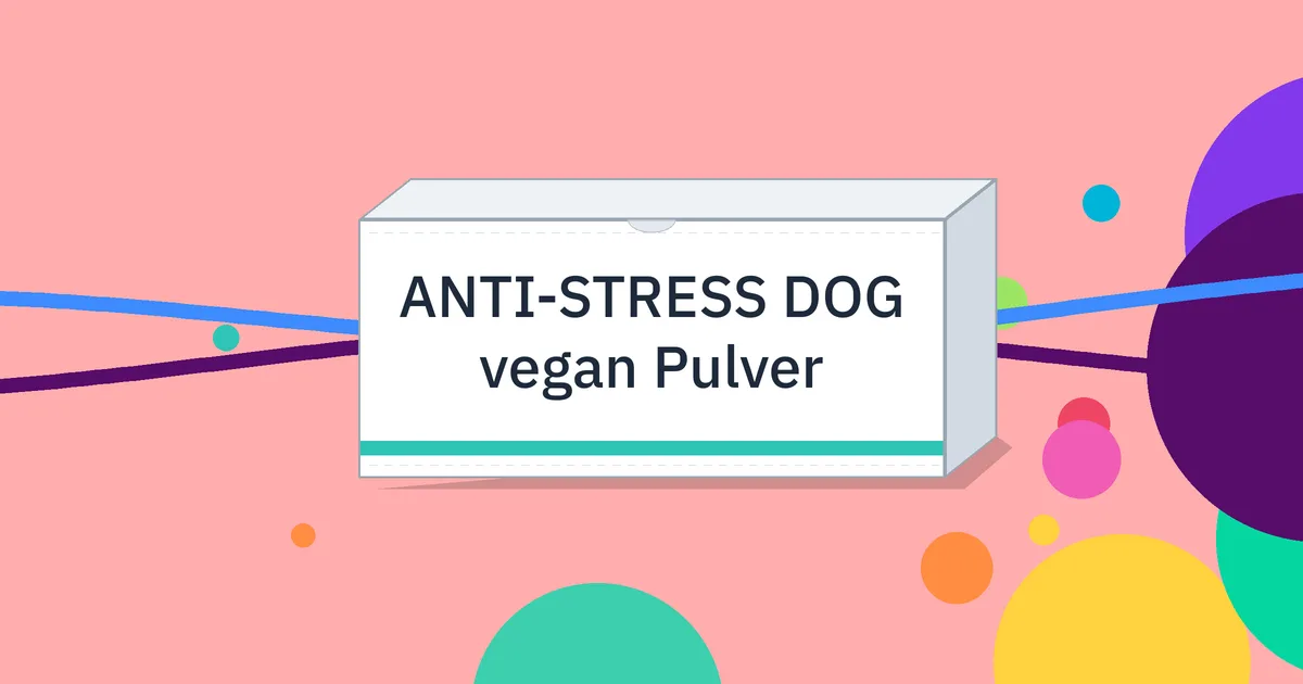 Symbolbild: Packung mit der Aufschrift ANTI-STRESS DOG vegan Pulver (PZN 15235878) – Verfügbarkeit und Bezug in Apotheken in Frankfurt am Main