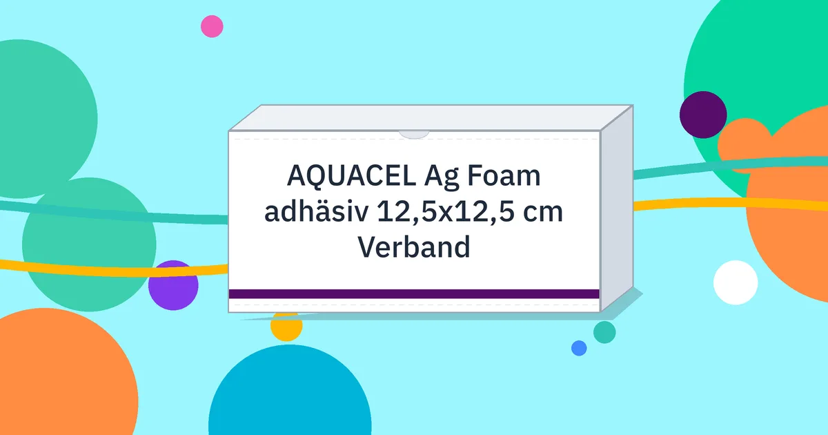 Symbolbild: Packung mit der Aufschrift AQUACEL Ag Foam adhäsiv 12,5x12,5 cm Verband (PZN 18336491) – Verfügbarkeit und Bezug in Apotheken in Frankfurt am Main