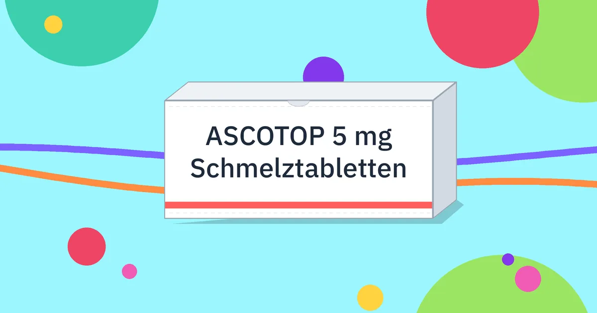 Symbolbild: Packung mit der Aufschrift ASCOTOP 5 mg Schmelztabletten (PZN 02213154) – Verfügbarkeit und Bezug in Apotheken in Frankfurt am Main