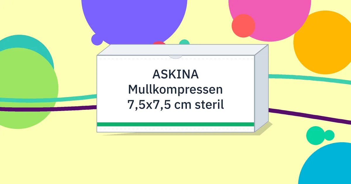 Symbolbild: Packung mit der Aufschrift ASKINA Mullkompressen 7,5x7,5 cm steril (PZN 06874473) – Verfügbarkeit und Bezug in Apotheken in Frankfurt am Main