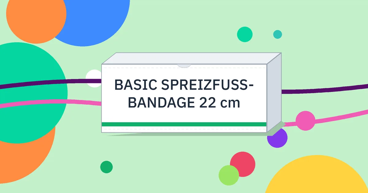 Symbolbild: Packung mit der Aufschrift BASIC SPREIZFUSS-BANDAGE 22 cm (PZN 15381054) – Verfügbarkeit und Bezug in Apotheken in Frankfurt am Main