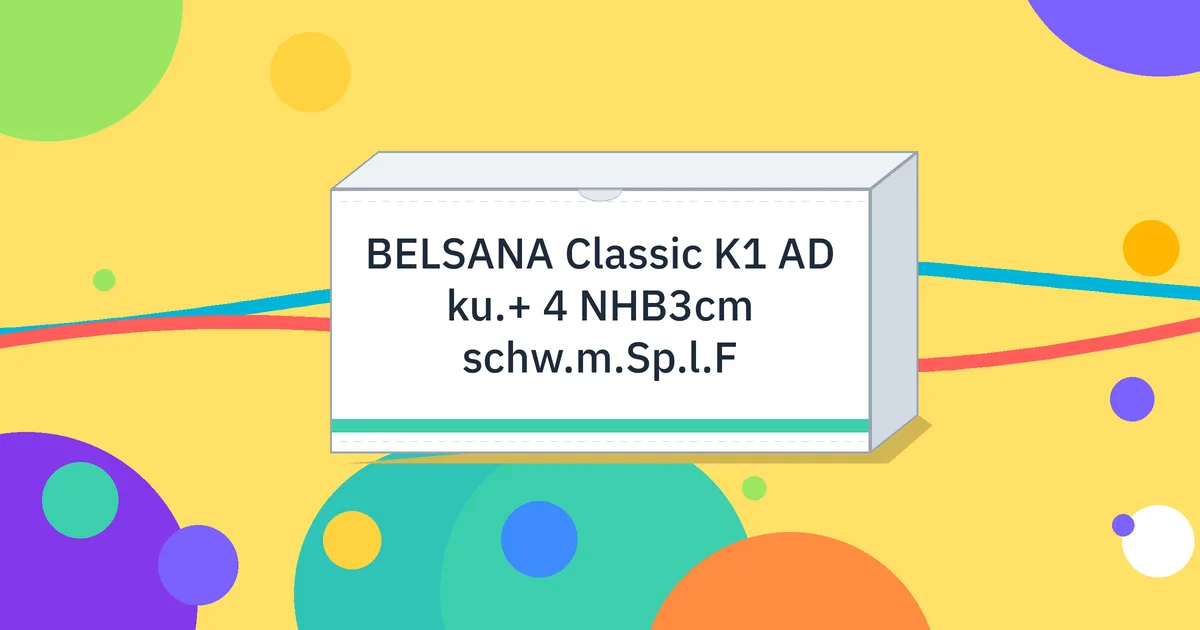 Symbolbild: Packung mit der Aufschrift BELSANA Classic K1 AD ku.+ 4 NHB3cm schw.m.Sp.l.F (PZN 19255955) – Verfügbarkeit und Bezug in Apotheken in Frankfurt am Main