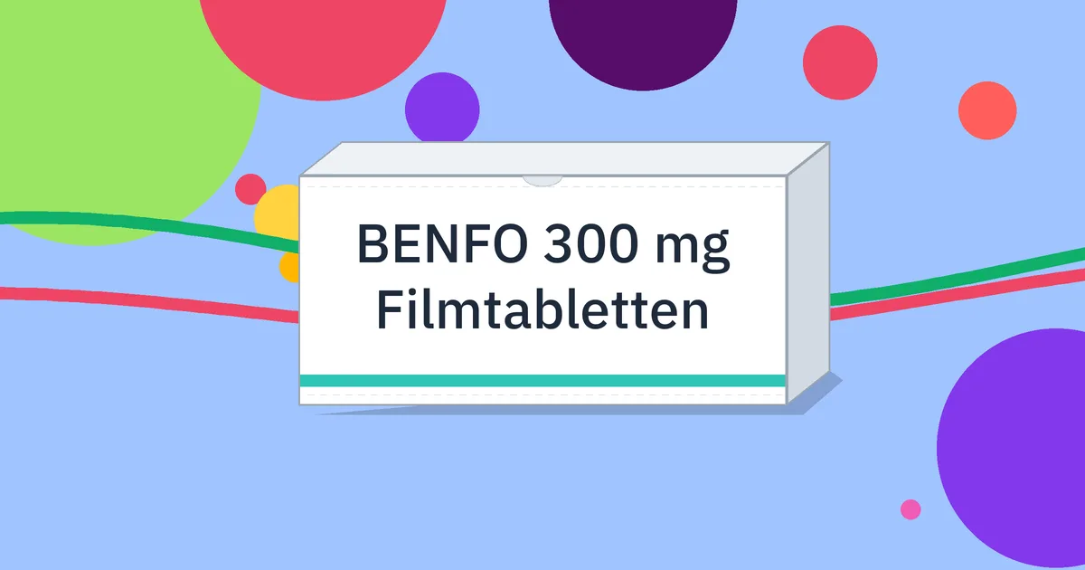 Symbolbild: Packung mit der Aufschrift BENFO 300 mg Filmtabletten (PZN 16586798) – Verfügbarkeit und Bezug in Apotheken in Frankfurt am Main