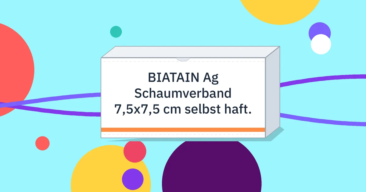 Symbolbild: Packung mit der Aufschrift BIATAIN Ag Schaumverband 7,5x7,5 cm selbst haft. (PZN 18125618) – Verfügbarkeit und Bezug in Apotheken in Frankfurt am Main