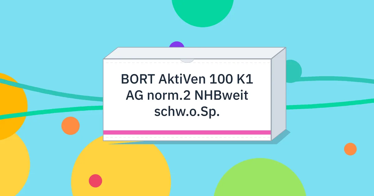 Symbolbild: Packung mit der Aufschrift BORT AktiVen 100 K1 AG norm.2 NHBweit schw.o.Sp. (PZN 14387646) – Verfügbarkeit und Bezug in Apotheken in Frankfurt am Main