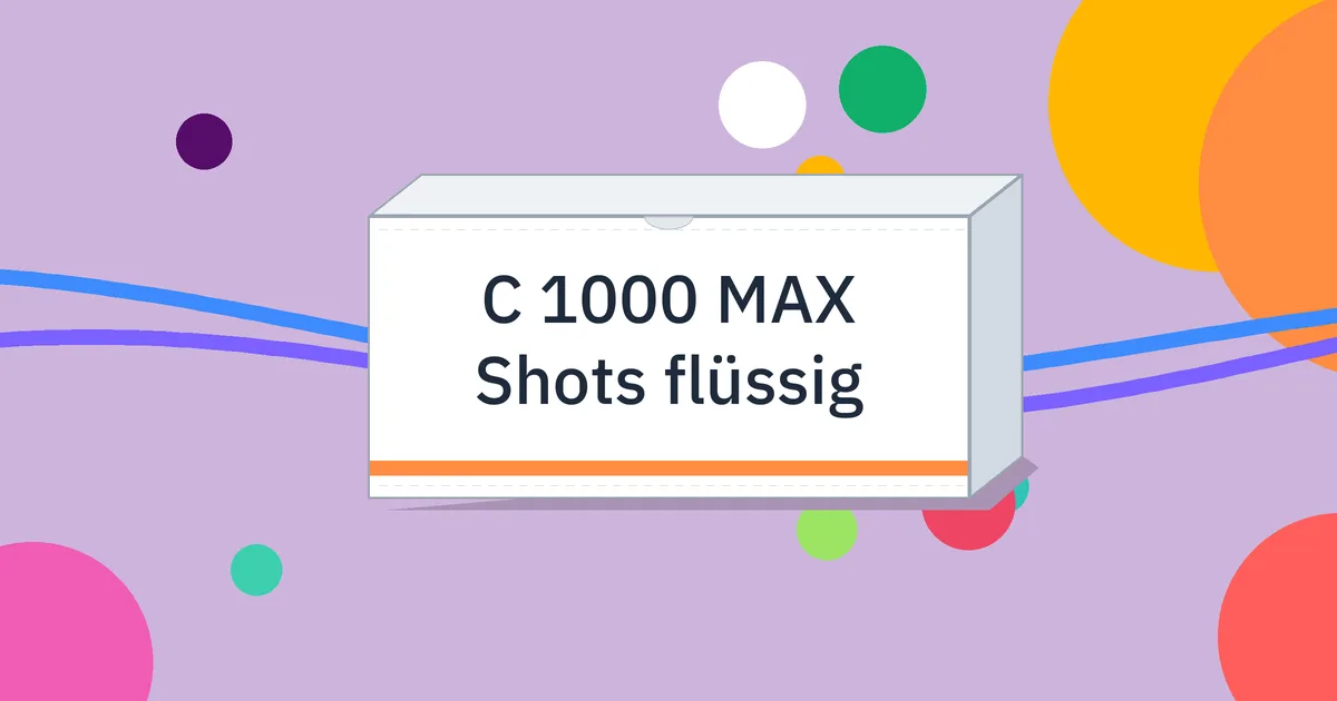 Symbolbild: Packung mit der Aufschrift C 1000 MAX Shots flüssig (PZN 20301867) – Verfügbarkeit und Bezug in Apotheken in Frankfurt am Main