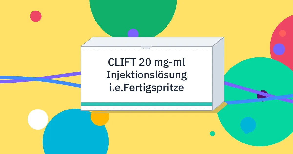 Symbolbild: Packung mit der Aufschrift CLIFT 20 mg-ml Injektionslösung i.e.Fertigspritze (PZN 19401687) – Verfügbarkeit und Bezug in Apotheken in Frankfurt am Main