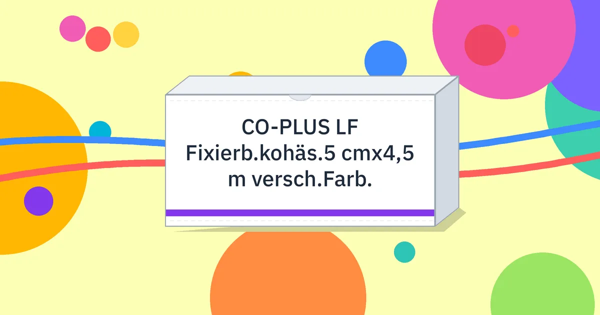 Symbolbild: Packung mit der Aufschrift CO-PLUS LF Fixierb.kohäs.5 cmx4,5 m versch.Farb. (PZN 19177770) – Verfügbarkeit und Bezug in Apotheken in Frankfurt am Main