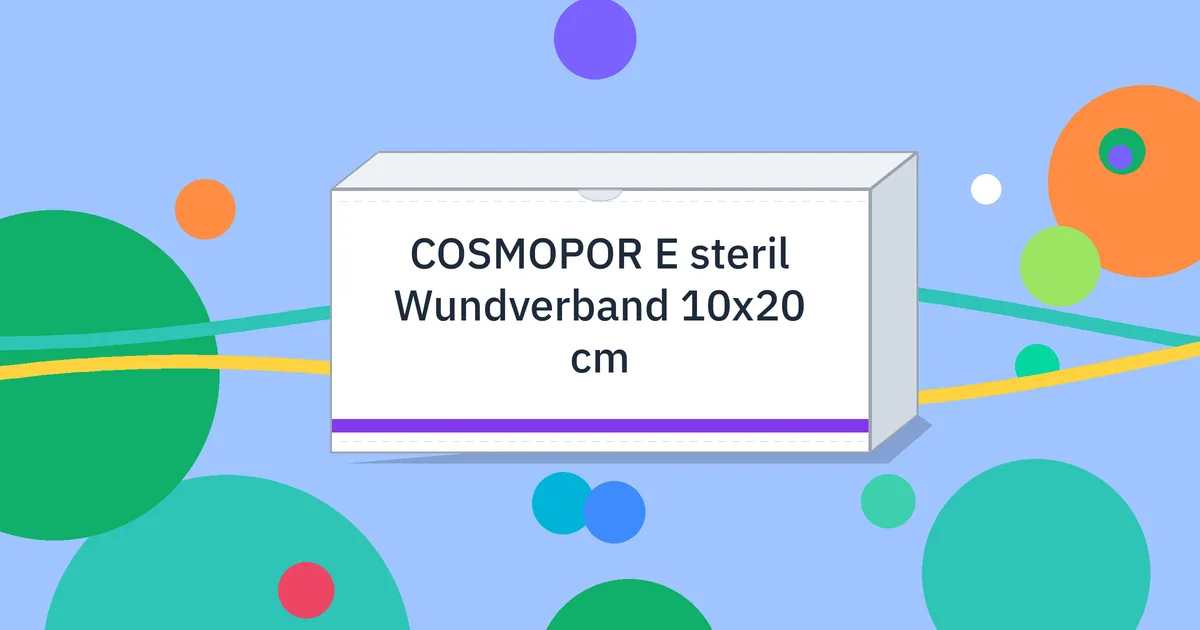 Symbolbild: Packung mit der Aufschrift COSMOPOR E steril Wundverband 10x20 cm (PZN 19485862) – Verfügbarkeit und Bezug in Apotheken in Frankfurt am Main