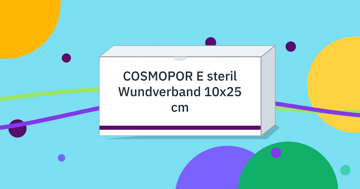 Symbolbild: Packung mit der Aufschrift COSMOPOR E steril Wundverband 10x25 cm (PZN 18891749) – Verfügbarkeit und Bezug in Apotheken in Frankfurt am Main