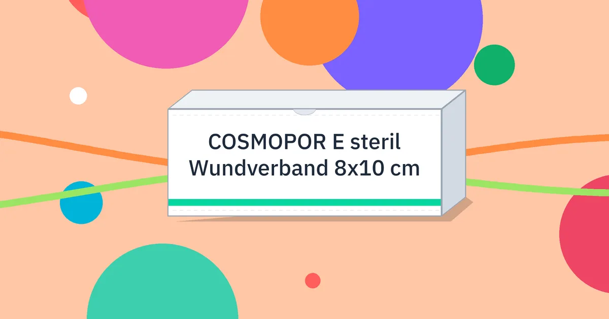 Symbolbild: Packung mit der Aufschrift COSMOPOR E steril Wundverband 8x10 cm (PZN 14418281) – Verfügbarkeit und Bezug in Apotheken in Frankfurt am Main
