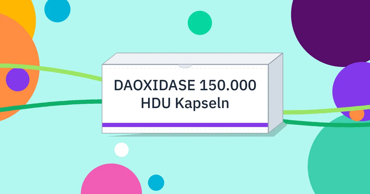 Symbolbild: Packung mit der Aufschrift DAOXIDASE 150.000 HDU Kapseln (PZN 19919674) – Verfügbarkeit und Bezug in Apotheken in Frankfurt am Main