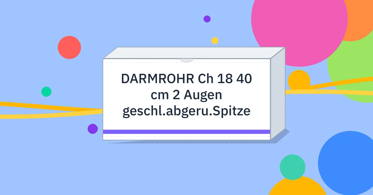 Symbolbild: Packung mit der Aufschrift DARMROHR Ch 18 40 cm 2 Augen geschl.abgeru.Spitze (PZN 10125607) – Verfügbarkeit und Bezug in Apotheken in Frankfurt am Main